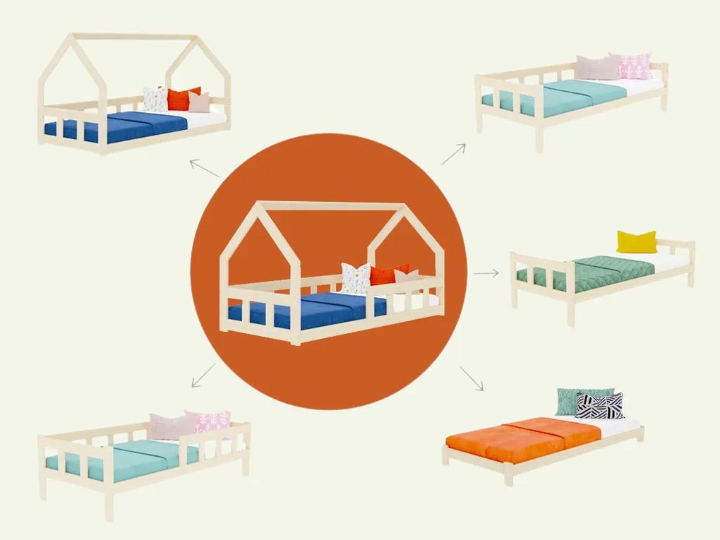 Benlemi Nízká domečková postel pro děti FENCE 6v1 se zábranou Zvolte barvu: Béžová, Zvolte rozměr: 90x160 cm, Zvolte zábranu: S otevřeným vstupem