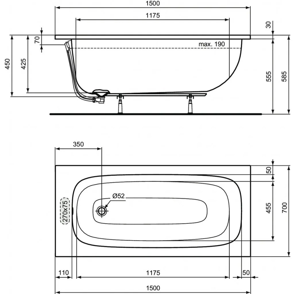 Ideal Standard i.life - Obdélníková vana 150x70 cm, bílá T475701