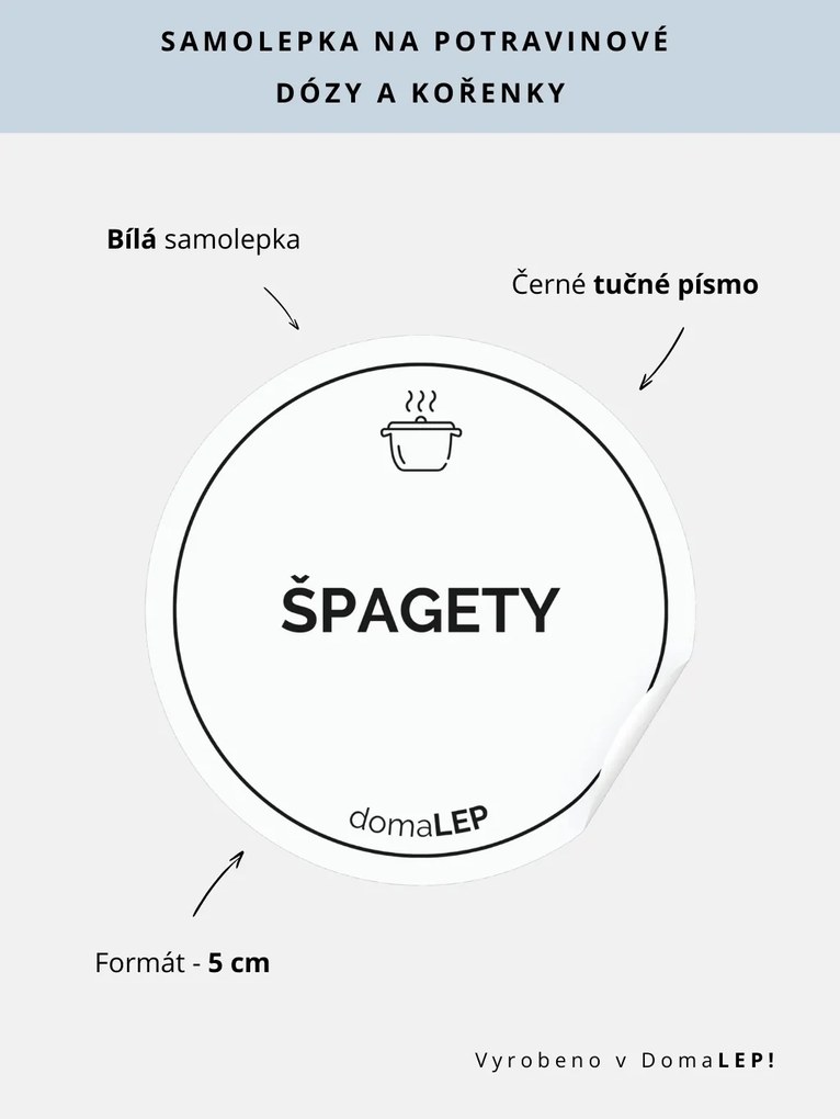 ŠPAGETY  – bílá samolepka na dózu, tučné písmo, 5 cm | DomaLEP