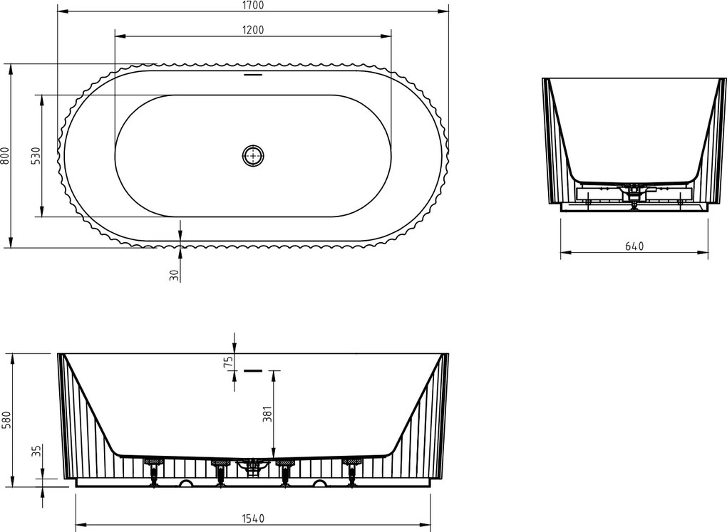 Mexen Paola, volně stojící vana, drážkovaná, 170 x 80 cm, bílá lesklá, 52721708000-SS