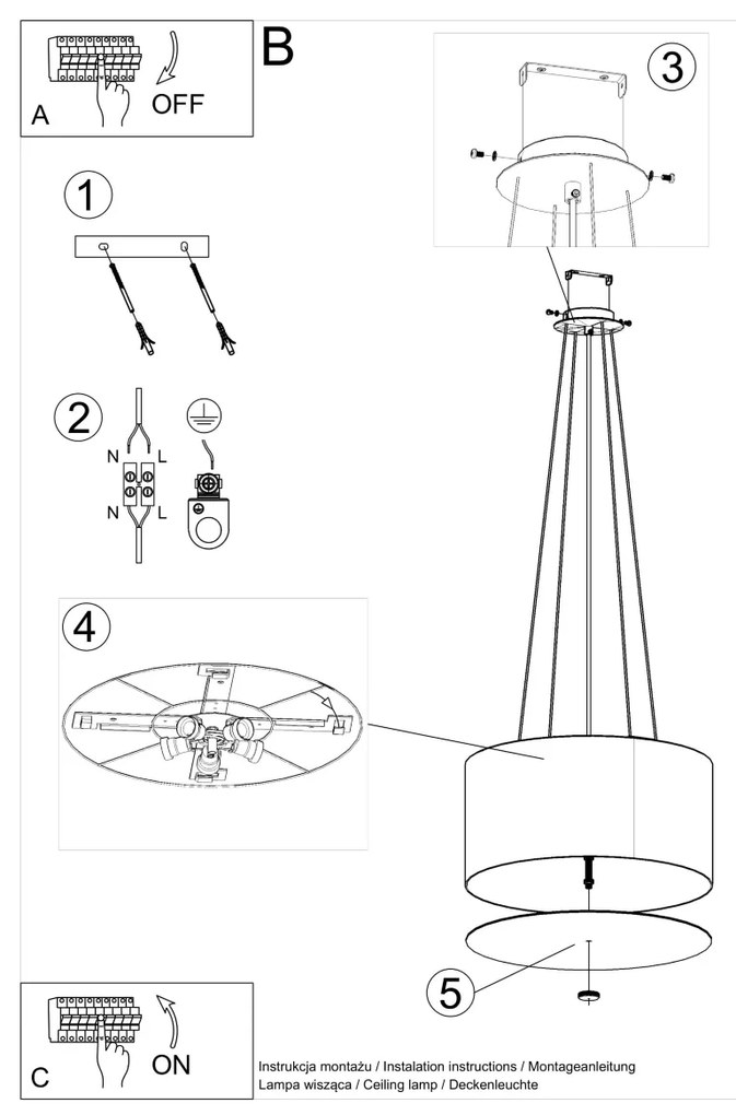 Závěsné svítidlo Otto, 1x černé textilní stínítko, (bílé sklo), (fi 50 cm)