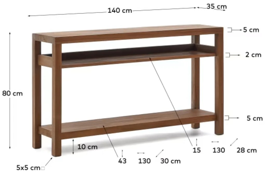 Hnědý teakový toaletní stolek Kave Home Sashi 140 x 35 cm