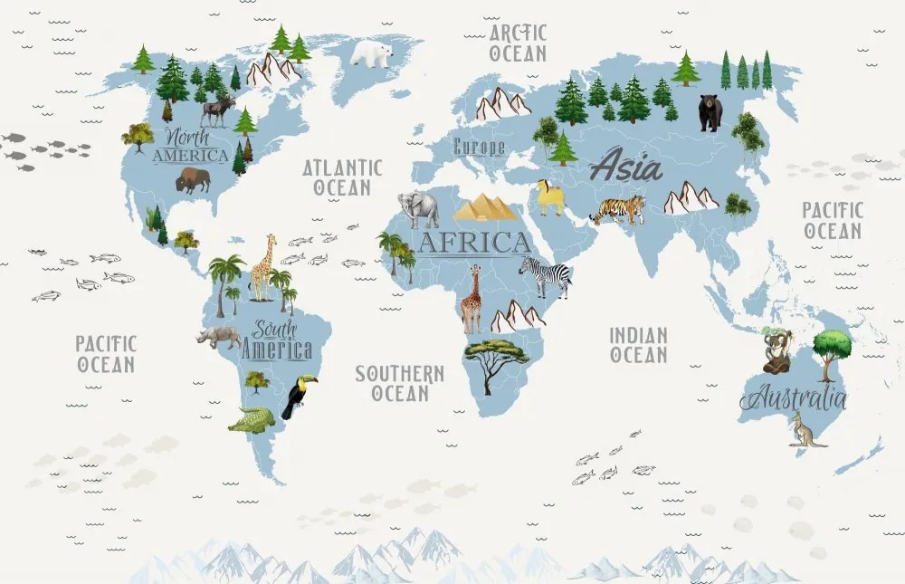 Fototapeta Animals World Map For Kids Wallpaper Design Omyvatelný vlies 300x210