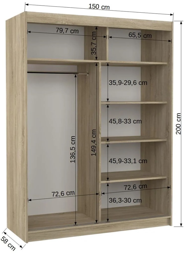 Šatní skříň s posuvnými dveřmi Bolton - 150 cm Barva: dub Sonoma