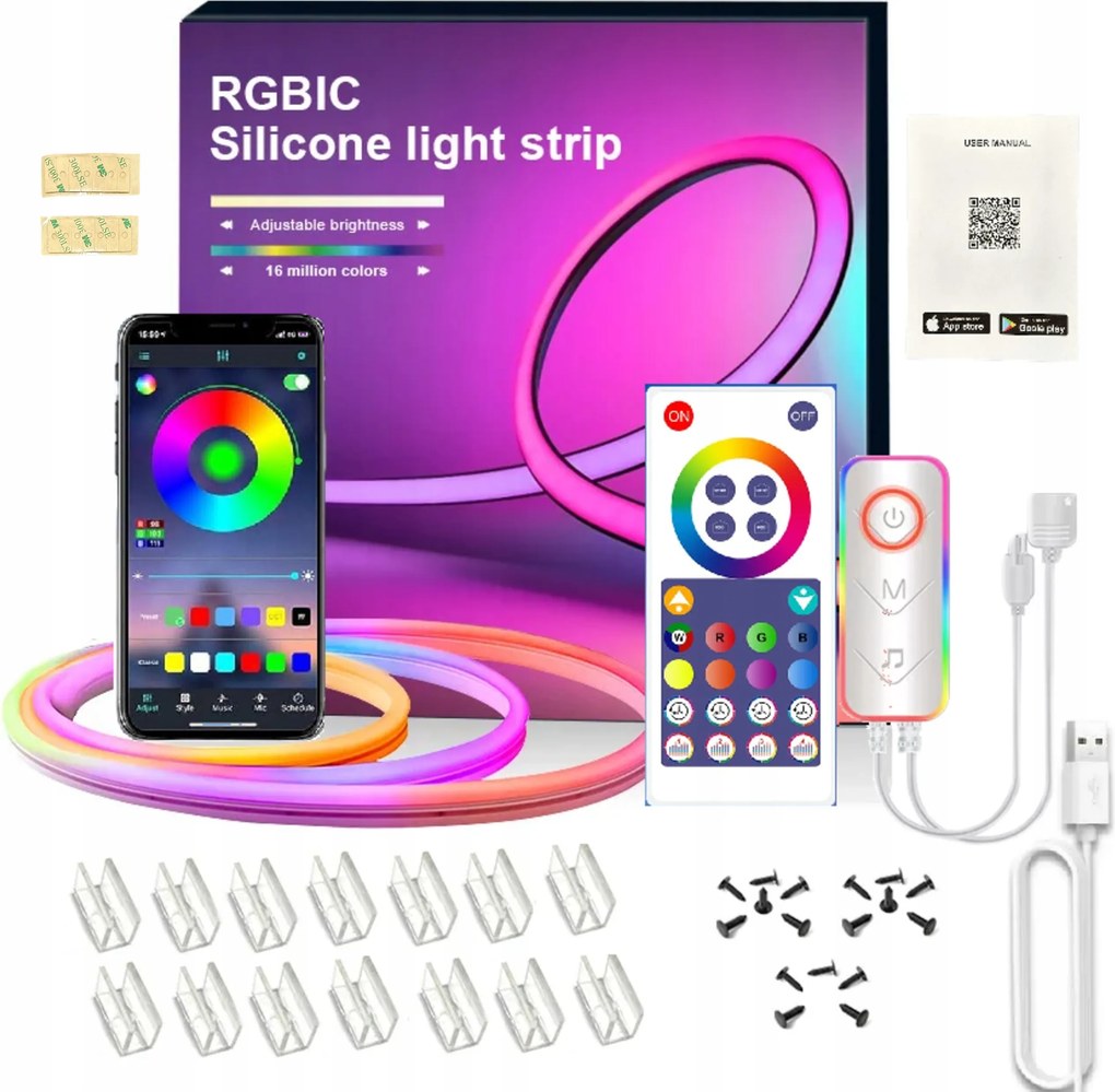 Led pásek 3 m Neon Rgbic Duhový efekt Aplikace Bluetooth Dálkový Ovladač Časovač Usb