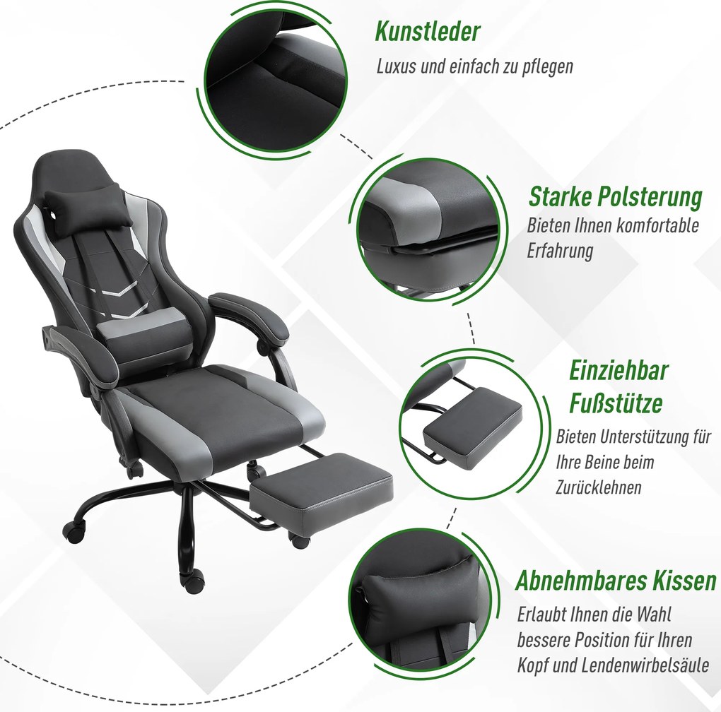 Herní křeslo Vinsetto, výškově nastavitelné, s opěrkou hlavy a bederním polštářem, ergonomické, do 120 kg, s podnožkami, černé | Aosom.de