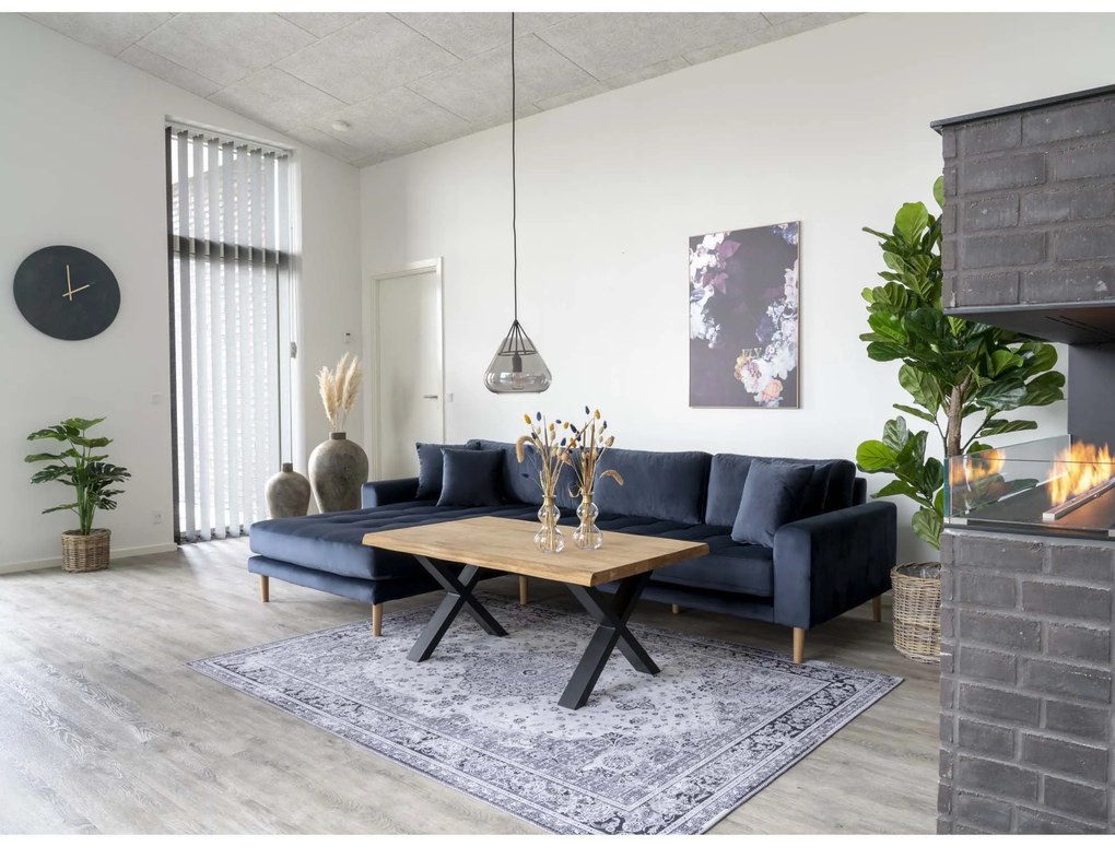 House Nordic Pohovka Lounge Sofa, levá strana, tmavě modrý samet, čtyři polštáře a nohy z přírodního dřeva, HN1005