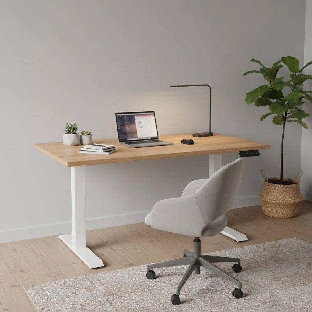 Výškově nastavitelný stůl OfficeTech D, 140 x 80 cm, bílá podnož, dub kraft