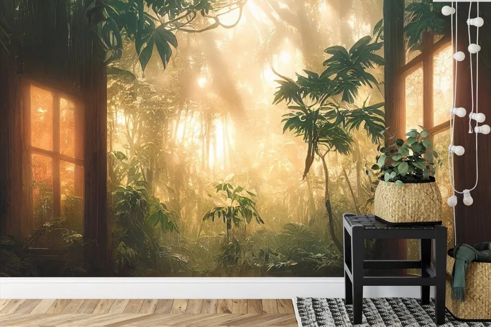 Fototapeta A Large Arch-Shaped Window, A Portal In The Dark Mystical Forest, The Sun&amp;#039;s Rays Pass Through The Window And Trees, Shadows. Fantasy Beautiful Forest Fantasy Landscape. 3D . Omyvatelný vlies 104x70.5