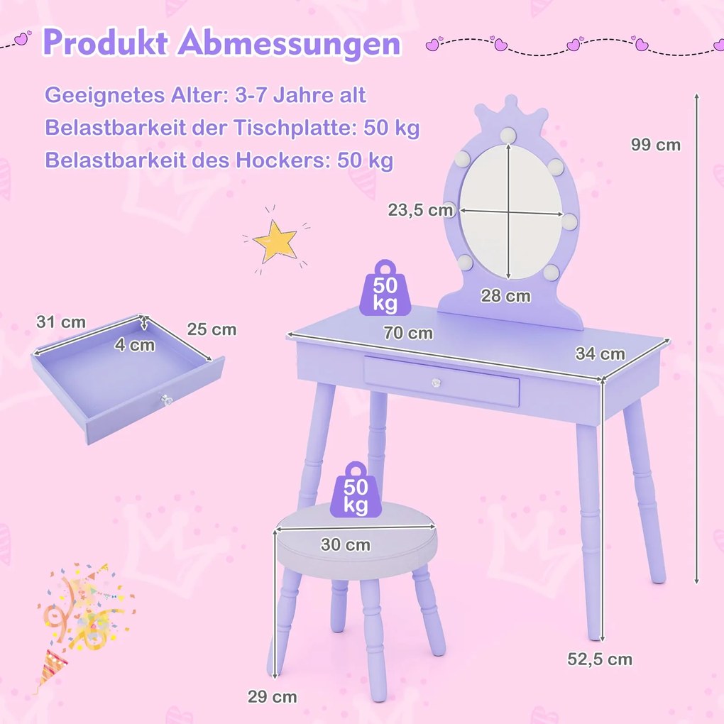 Costway 2v1 Princess toaletní stolek s odnímatelným zrcadlem