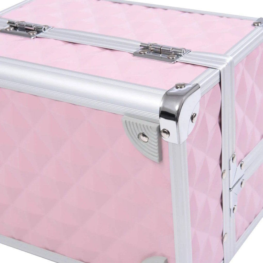 HOMCOM Profesionální Kosmetický Organizér na Make-up S Zrcadlem a Zámkem - Přenosná Taška na Make-up s Více Přihrádkami 20x15x15cm Hliníková