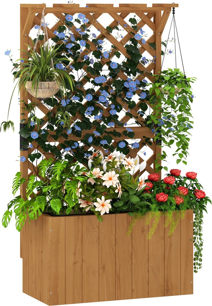 Vyvýšený záhon s treláží Outsunny, dřevěný květináč s treláží, 64 x 33 x 122 cm pro zahradu, balkon a terasu, květináč pro popínavé rostliny a košíkov
