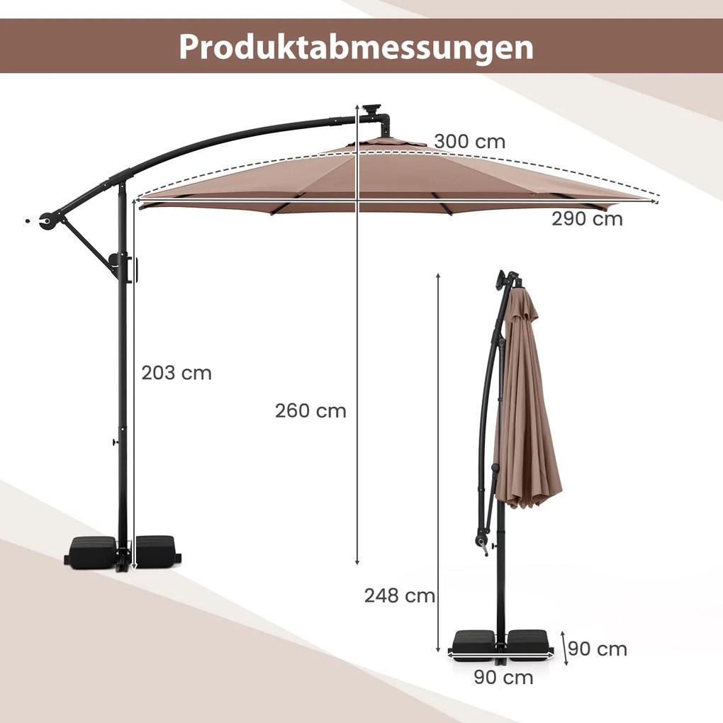 Costway 300 cm slunečník s LED osvětlením 9 Modes s pytli s pískem