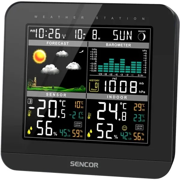 Sencor - Meteostanice s barevným LCD displejem a budíkem 3xAAA + 2x AA černá