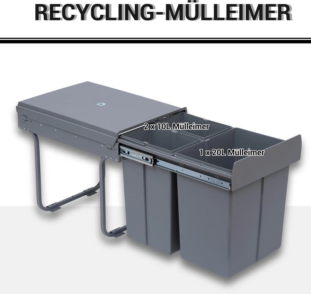 Mülleimer-Konstruktion mit 3 Abfalleimern zur Mülltrennung, Schienensystem, einbaubar, 3er-Set Müllbehälter, Grau