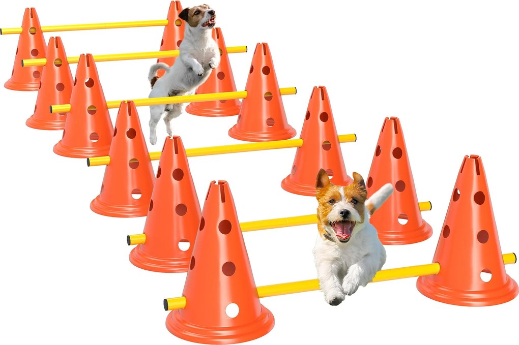PawHut Agility Set pro psy - 6dílná sada agility vybavení se 12 kužely, 6 nastavitelnými překážkami, taškou na přenášení | Aosom