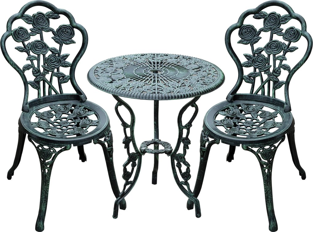 Outsunny bistro set 3-dílný zahradní set starožitně zelený litý hliníkový zahradní nábytek na balkon a terasu