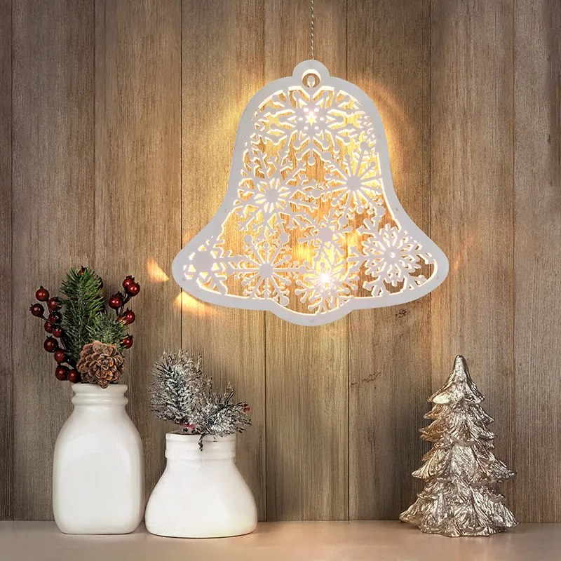 SOLIGHT LED dřevěný vánoční zvoneček, 9x LED, bílá, 30cm, časovač, 2x AA