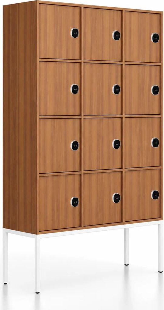 Kancelářská skříň FRAME, bílá podnož, 12x dveře, 1299 x 450 x 2185 mm, RFID zámek, ořech