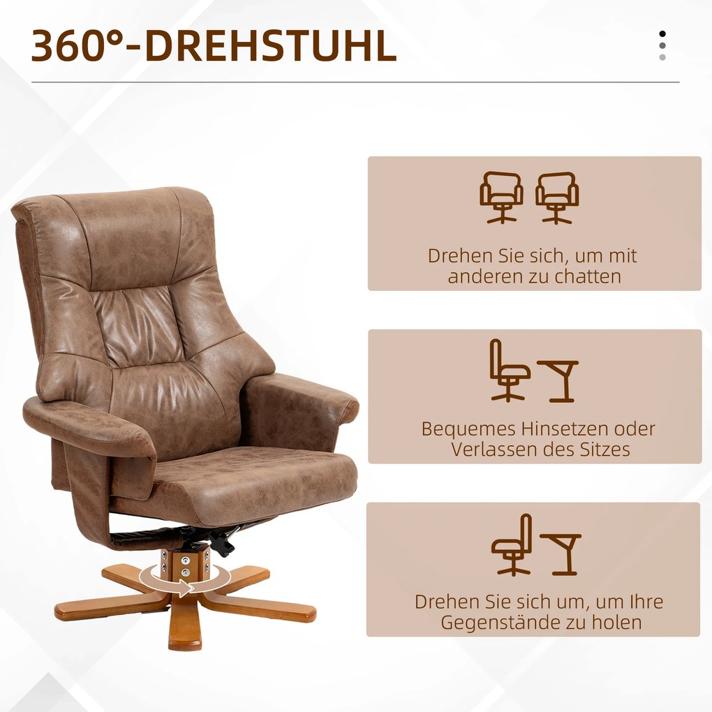 HOMCOM Relaxační Křeslo s Ottomans, Otočné Křeslo k Televizi s Funkcí Polohování, Potahované Křeslo do Obývacího Pokoje, Ložnice, Hnědá Microfiber, 7…