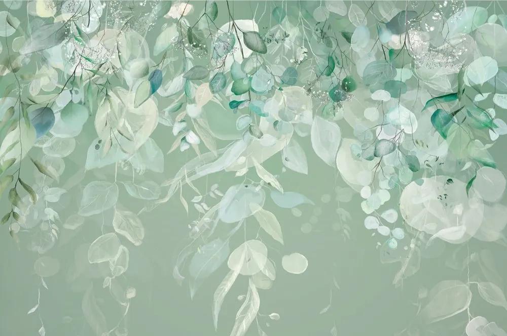 Tapeta pastelově zelené listy - 150x100 cm