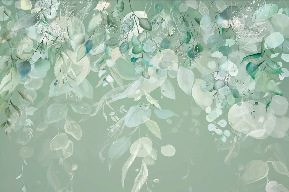 Tapeta pastelově zelené listy - 225x150 cm