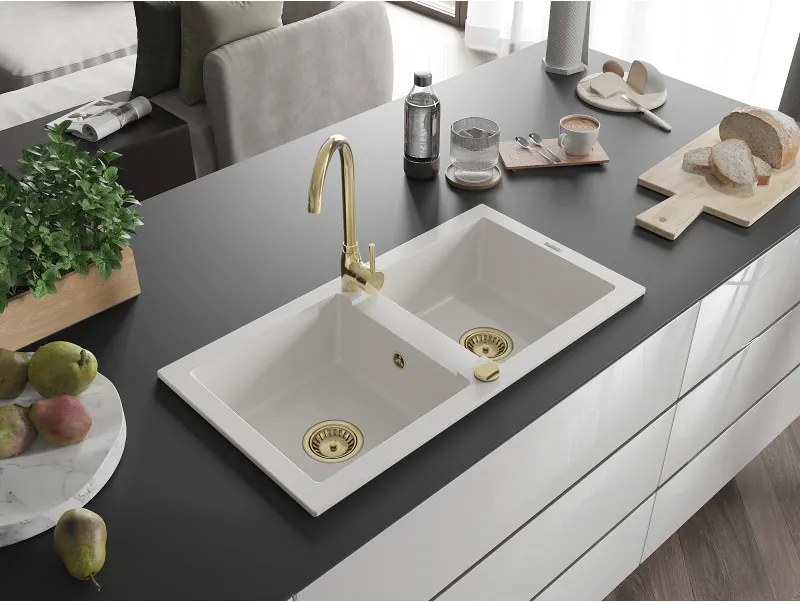 Mexen Mario, granitový dřez 820x436x161 mm, 2-komorový, bílá se zlatým sifonem, 6504822000-20-G