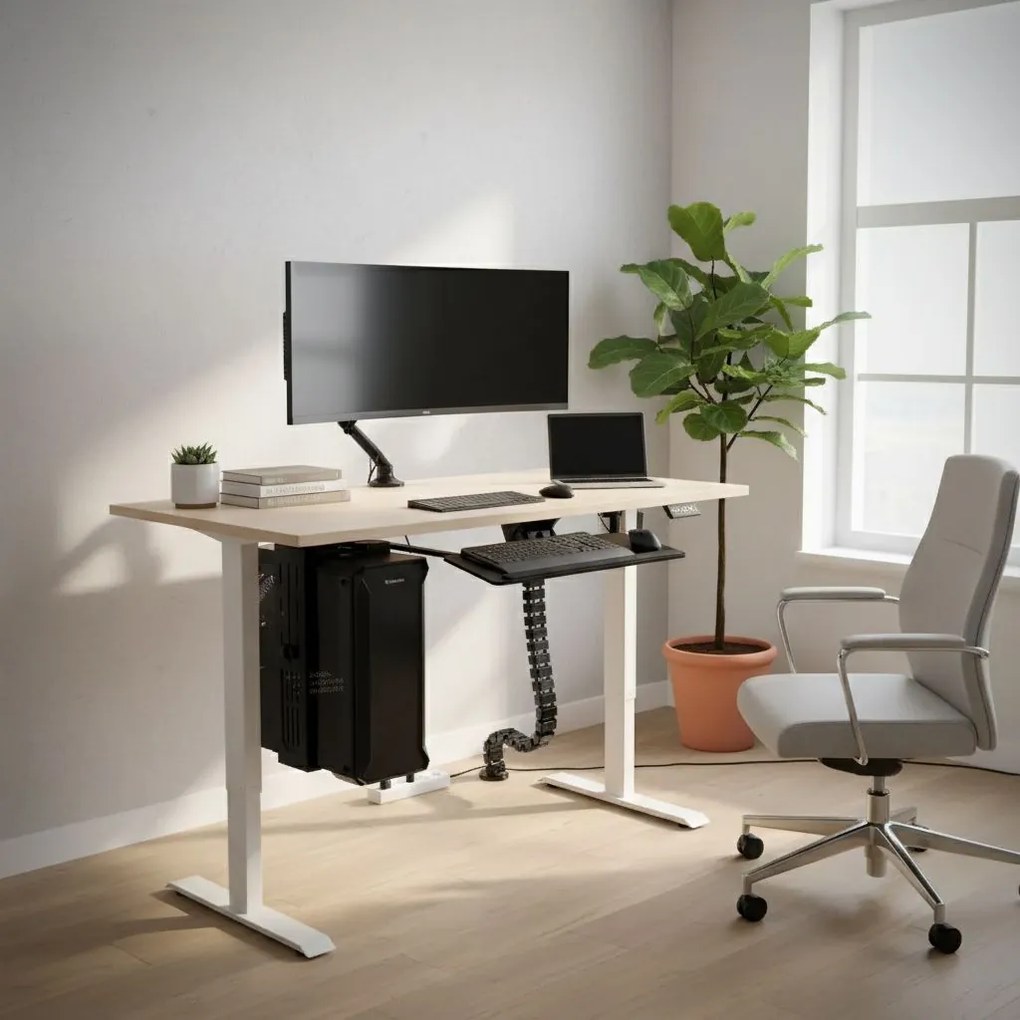 Výškově nastavitelný stůl OfficeTech D, 160 x 80 cm, bílá podnož, buk