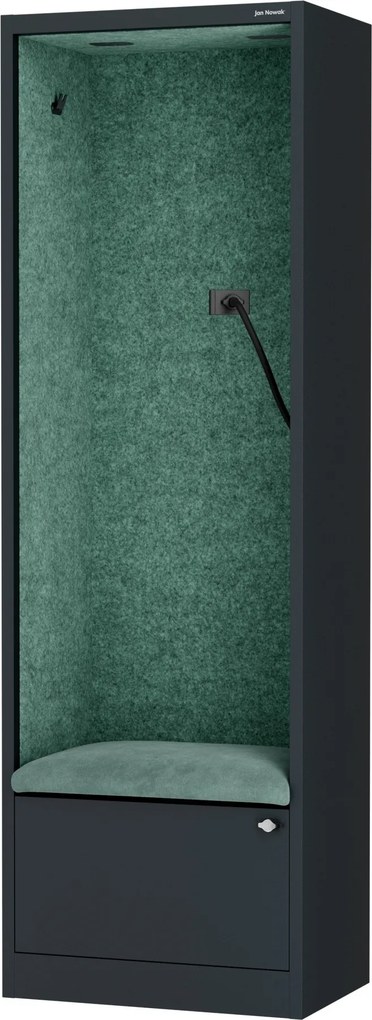 Kancelářská akustická kabina se sedátkem a USB-C portem, korpus antracitový / sedák zelený, 600 mm: SALLY MentalBox
