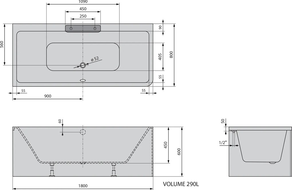 Polysan Polysan, CASCATA L MONOLITH obdélníková vana 180x80x60cm, kaskáda nerez, 73836ML.100