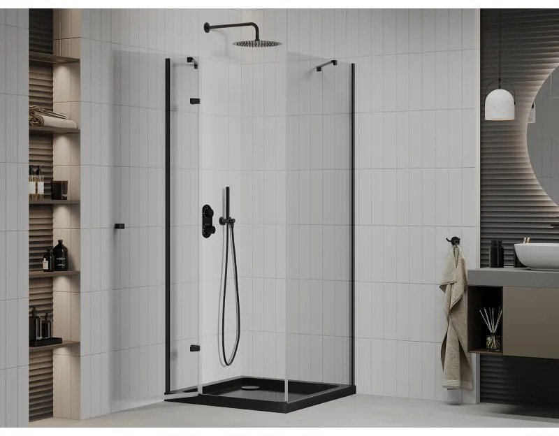 Mexen Roma, sprchový kout s 1-křídlými dveřmi 80 (dveře) x 80 (stěna) cm, 6mm čiré sklo, černý profil, slim sprchová vanička 5cm černá s černým sifonem, 854-080-080-70-00-4070B