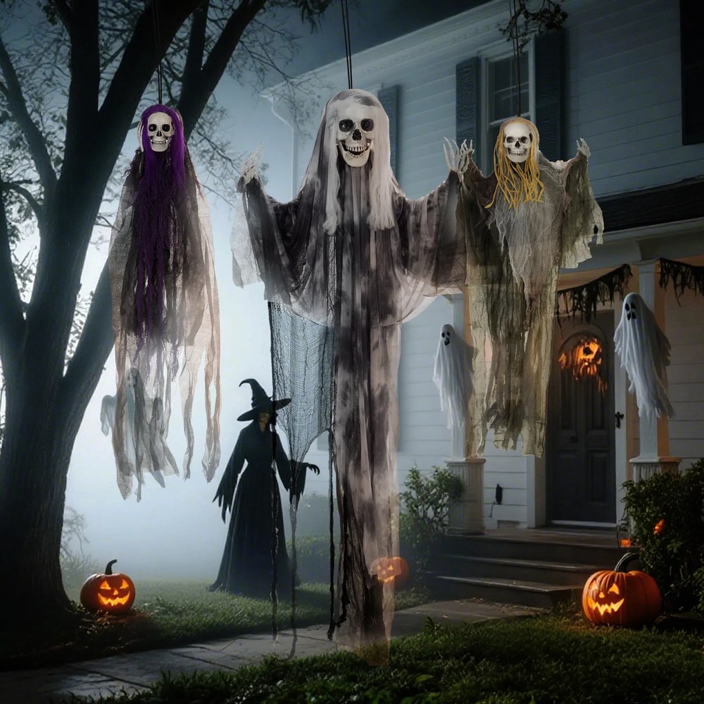 HOMCOM Visící kostlivci-duchové, sada 3 ks, Halloween dekorace, nastavitelná paže, 90/110/200 cm