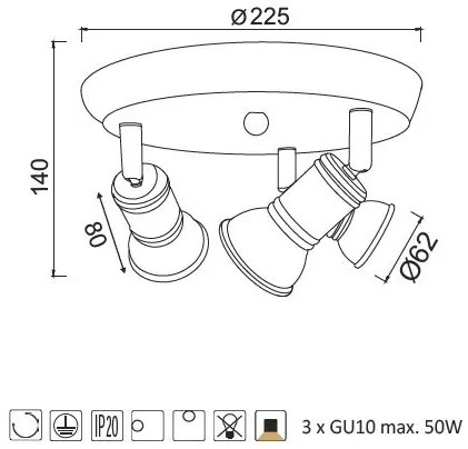 ACA DECOR Přisazené bodové svítidlo BRULEE max. 3x50W/GU10/230V/IP20, průměr 22,5 cm