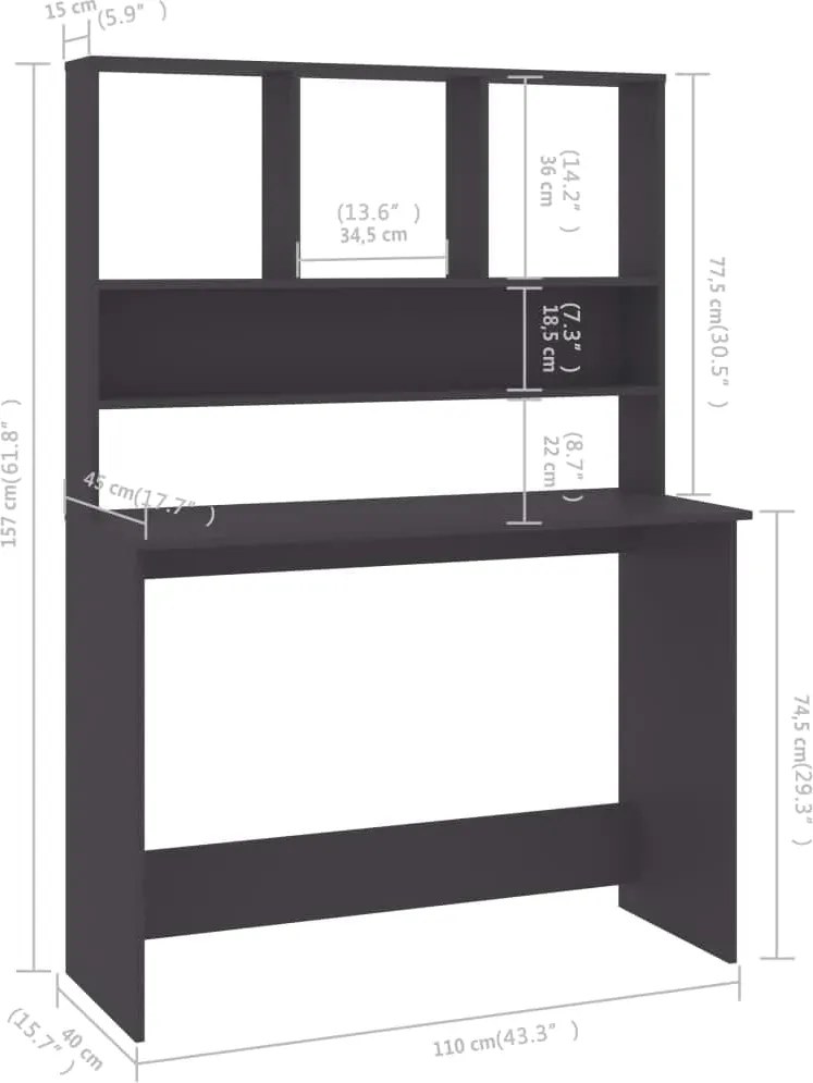 vidaXL Marketos Psací stůl s policemi šedý 110 x 45 x 157 cm dřevotříska