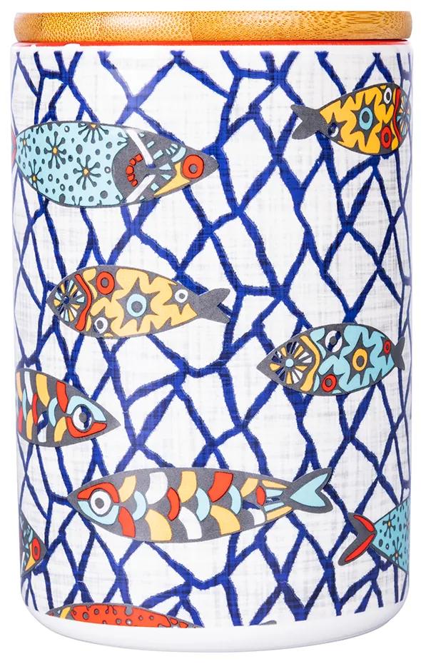 VILLA D’ESTE HOME TIVOLI Designová dóza s bambusovým víkem Los Cabos, keramika, bíla/modrá, dekor ryby, 870 ml