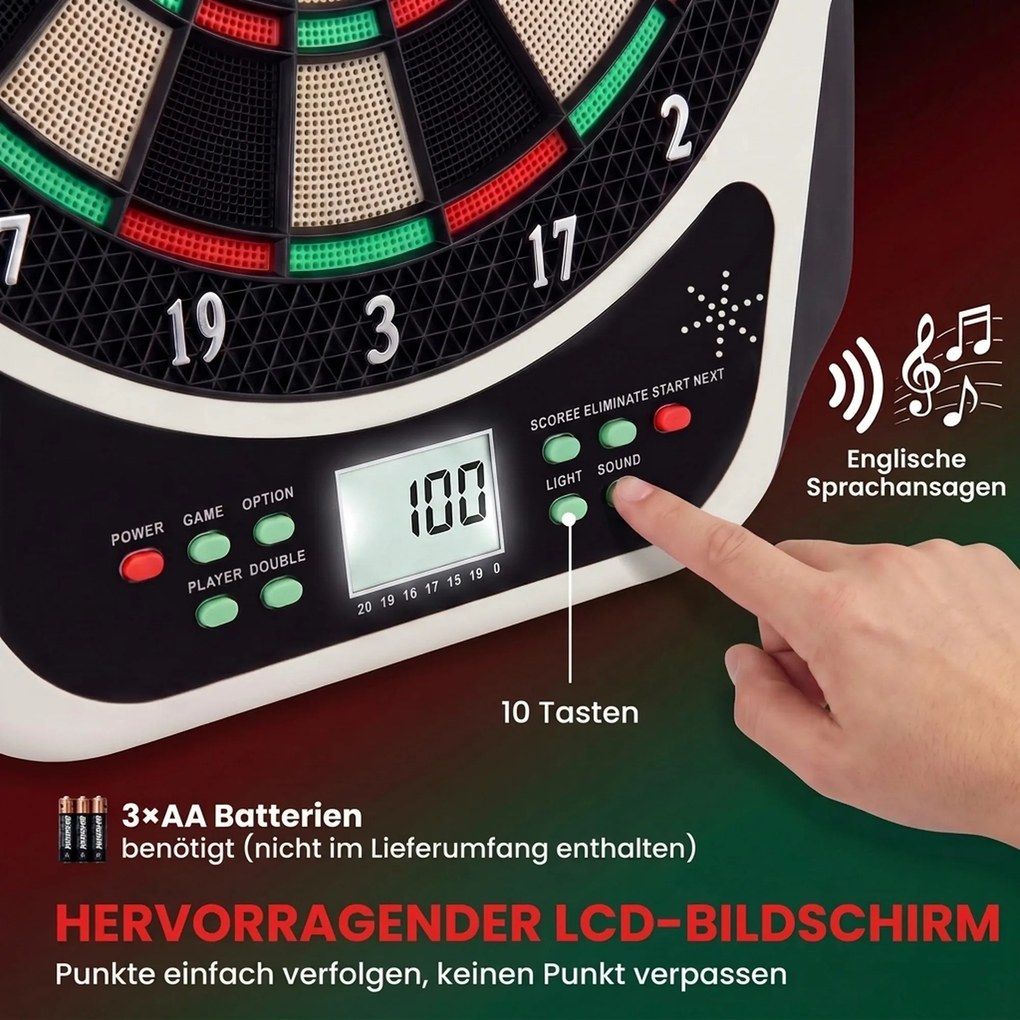 HOMCOM Elektronický šipkový terč, šipky s LCD displejem, 6 šipek, 24 šipkových hlaviček, 18 her, 159 možností zásahu, pro 8 hráčů