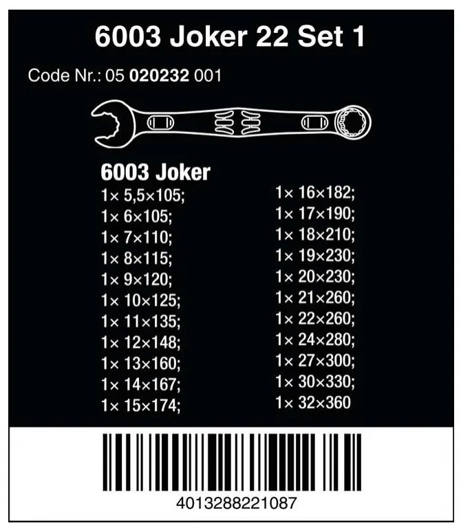 Wera 020232 Očkoploché klíče 5,5 ÷ 32 mm 6003 Joker 22 Set 1 (Sada22 dílů)