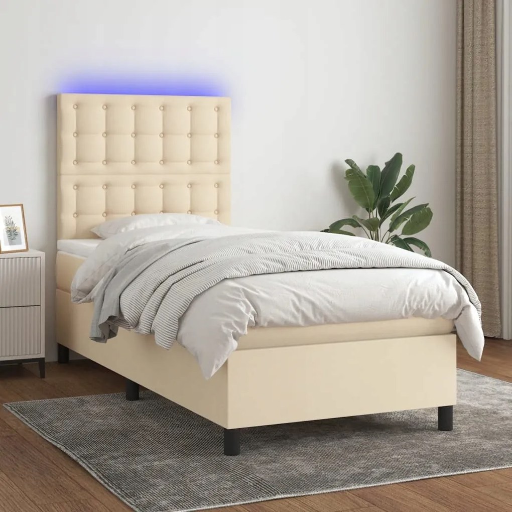 Box Spring Postel S Matrací A Led Textil Krémová tlačítka 100 x 200 cm