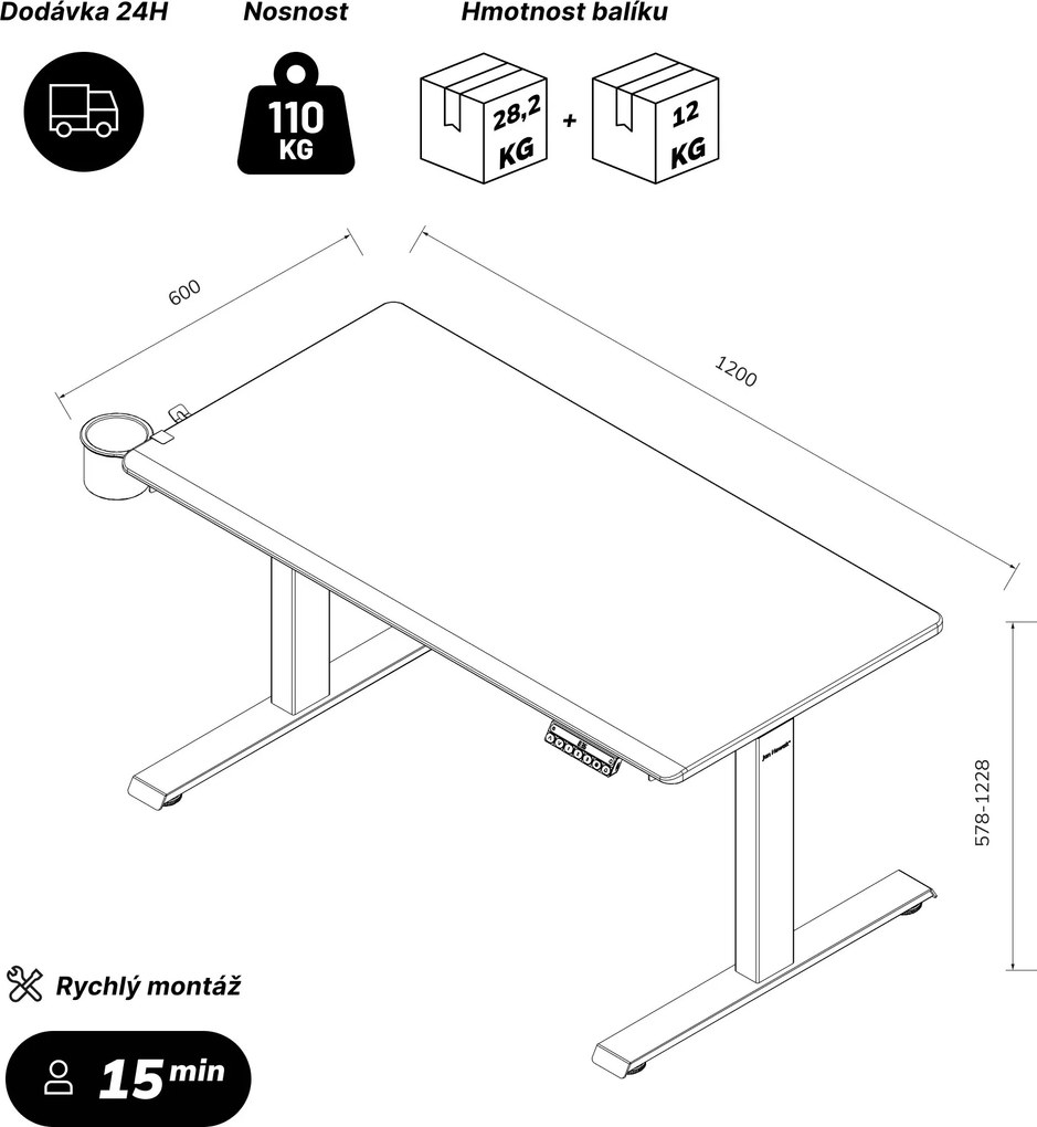 Elektrický stůl s nastavením výšky ergonomický antracitový,1200x600 mm: ARIA