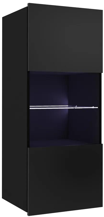 Nástěnná vitrína s LED osvětlením CALABRINI - černá/černý lesk