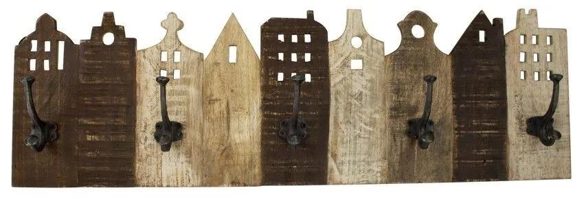 Nástěnný vintage dřevěný věšák řada domů s háčky - 81*25*10cm | BIANO