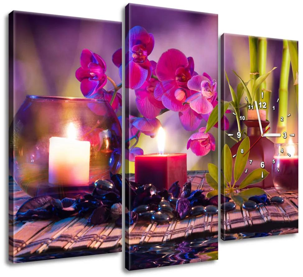 Gario 3 dílný obraz s hodinami Stylová kompozice Orchidej a relax Velikost:  90 x 70 cm | BIANO