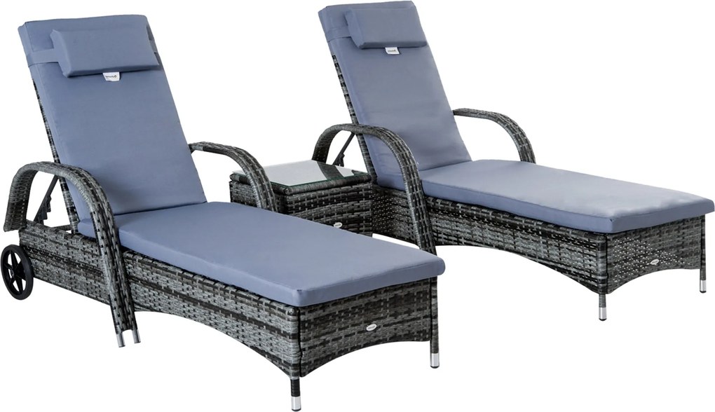 Outsunny Zahradní Lehátka s Bočním Stolkem - 3-dílná Sada Zahradního Nábytku, Polyrattan+Metal Šedý