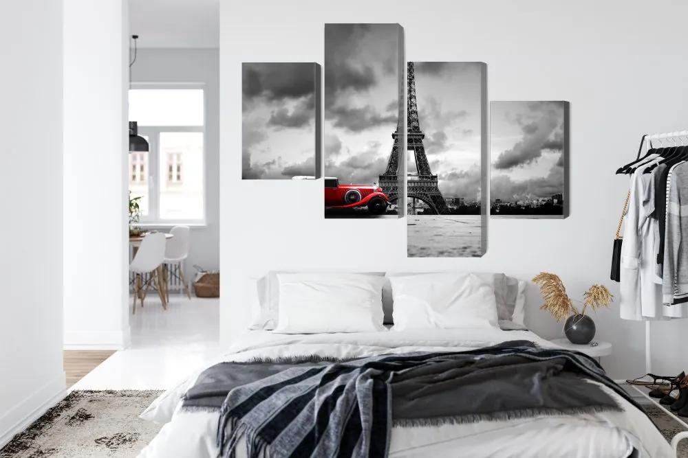 Vícedílný obraz Černobílý Pohled Na Eiffelovu Věž A Retro Auto Nedostatek Nedostatek Plátno Canvas 240x150