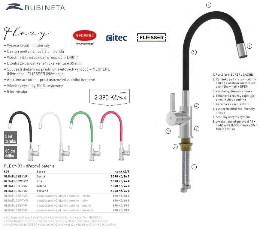 Rubineta Dřezová baterie FLEXY-33 Bílá  - OLBAFL33WT