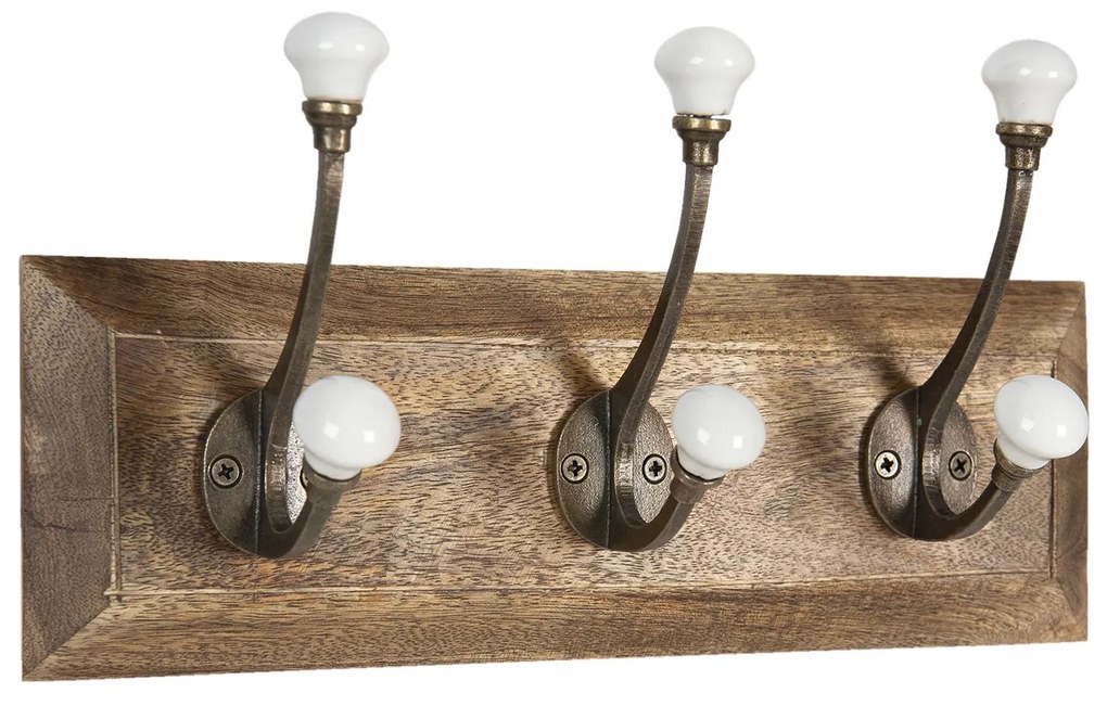 Dřevěný nástěnný věšák s krémovými knopkami Isabelle - 30*8*10 cm