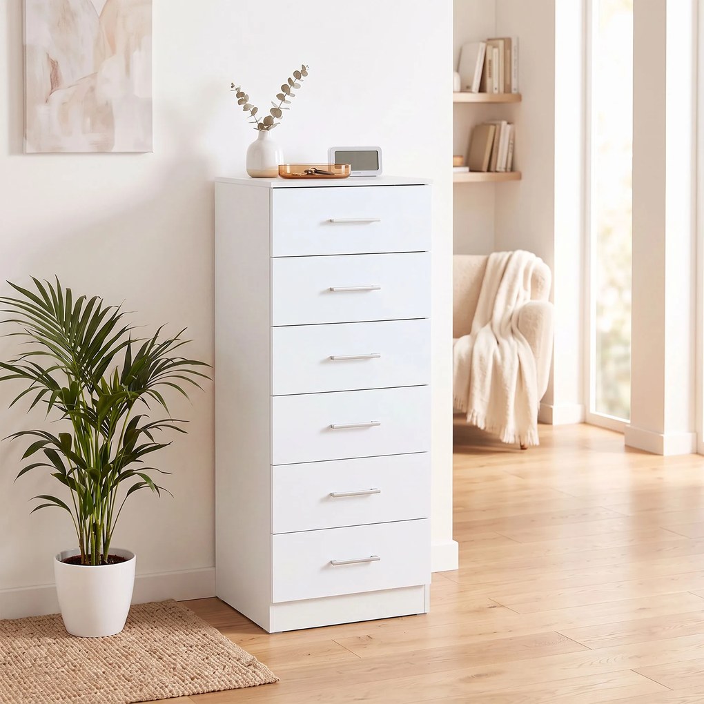 HOMCOM Komoda se 6 zásuvkami, moderní ložnicová komoda, úložná skříňka, 40 x 110 cm, bílá s dekorativním dřevěným vzhledem