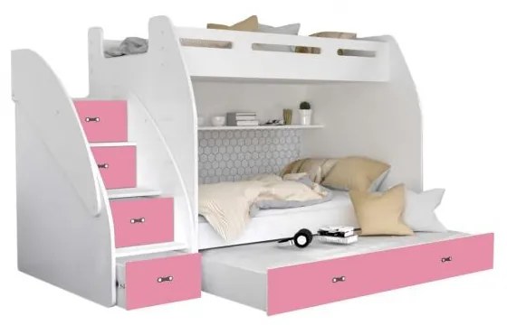 Patrová postel ZUZKA pro 3 osoby s přistýlkou (různé barvy), Růžová