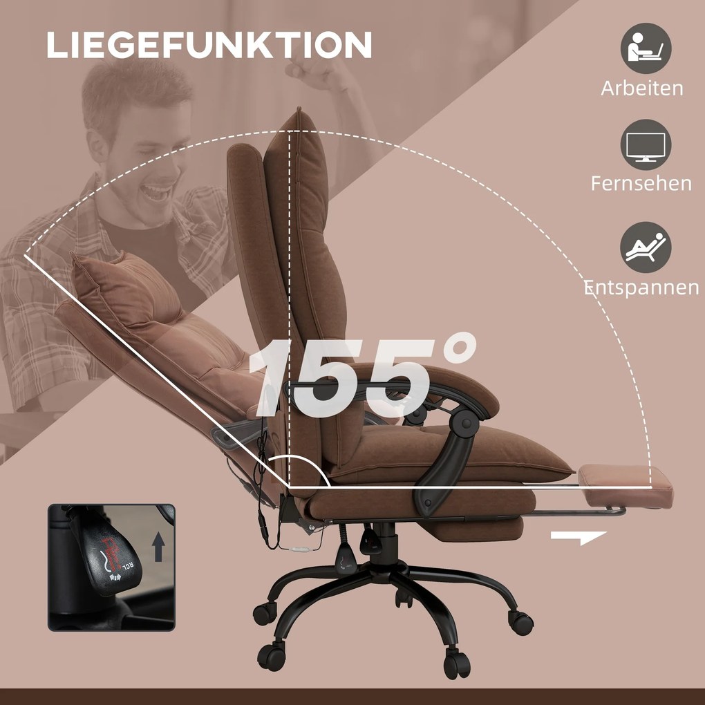 Kancelářská židle Vinsetto s masážní funkcí, naklápěcí v úhlu 155°, otočná židle s područkami, ergonomická kancelářská židle, hnědá