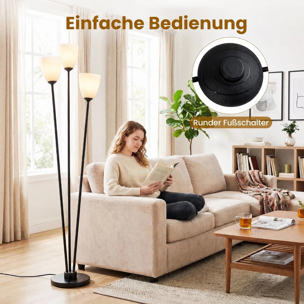 Costway Stojací lampa153cm stojací lampa s3E27- patice lampiček na čtení3Flamey